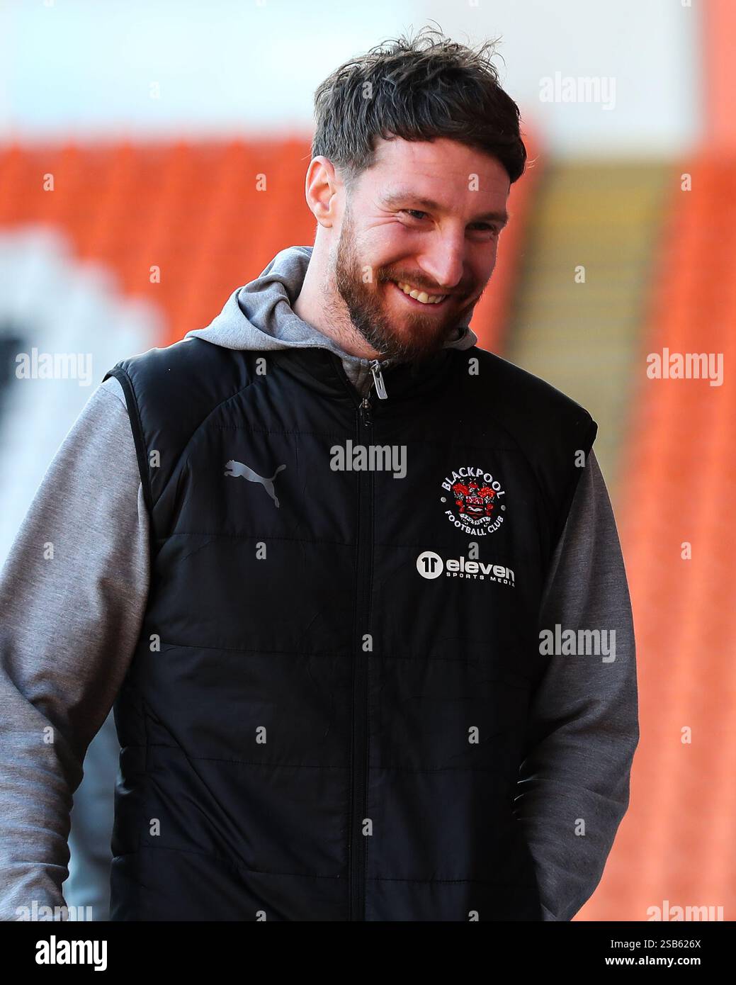 James Husband of Blackpool arrives ahead of the Sky Bet League 1 match ...