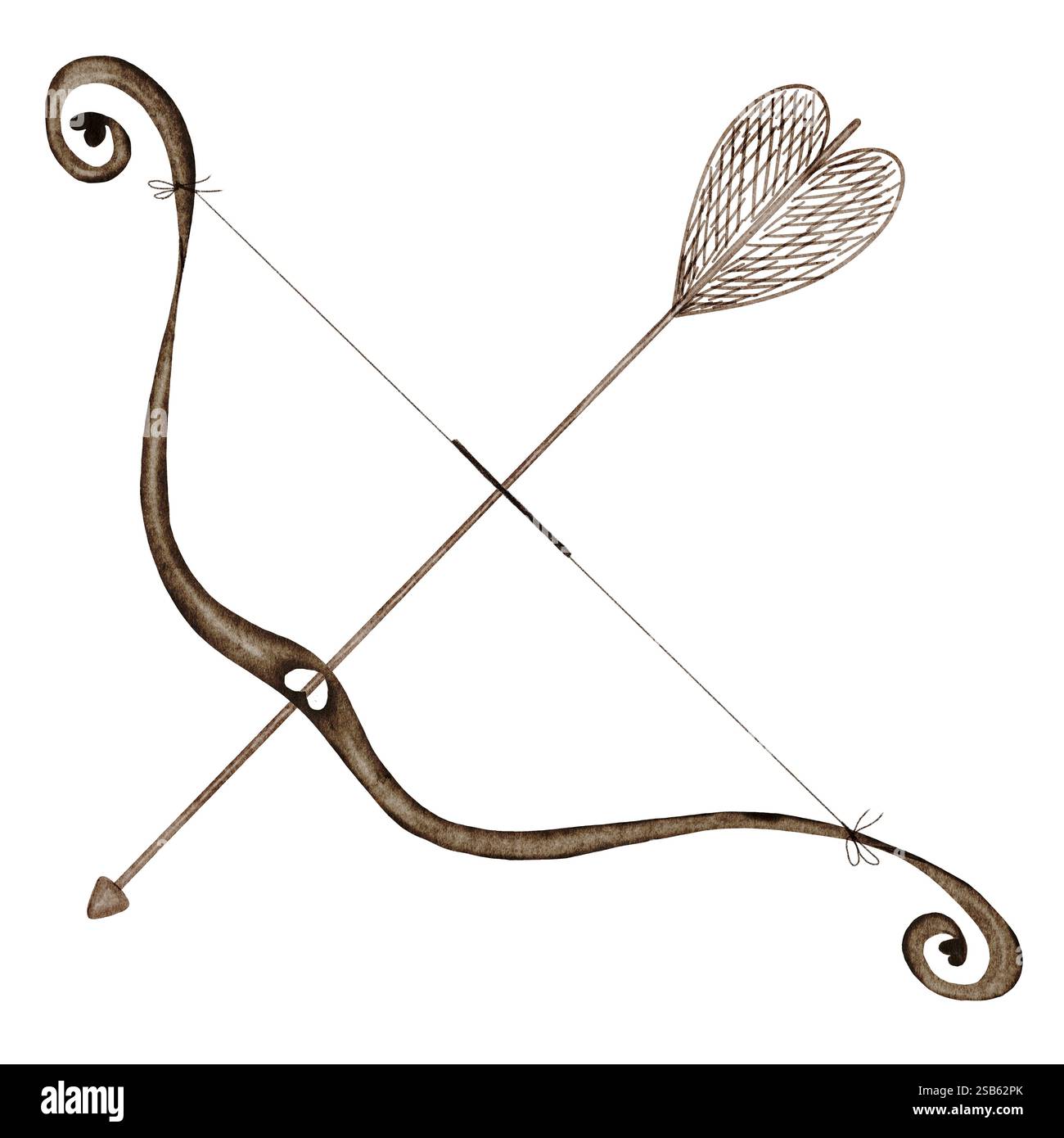 Bow and arrow watercolor. Hand drawn wooden weapon on white background ...