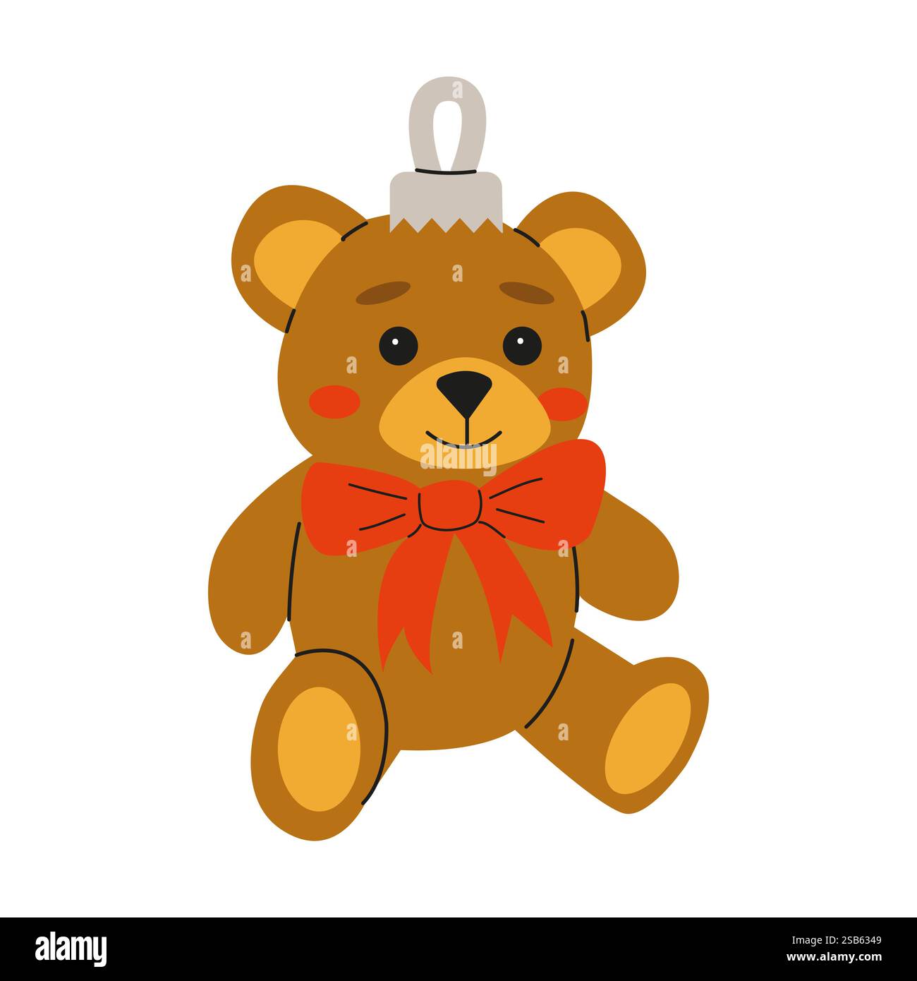A charming teddy bear ornament features a red bow and a silver hanging ...