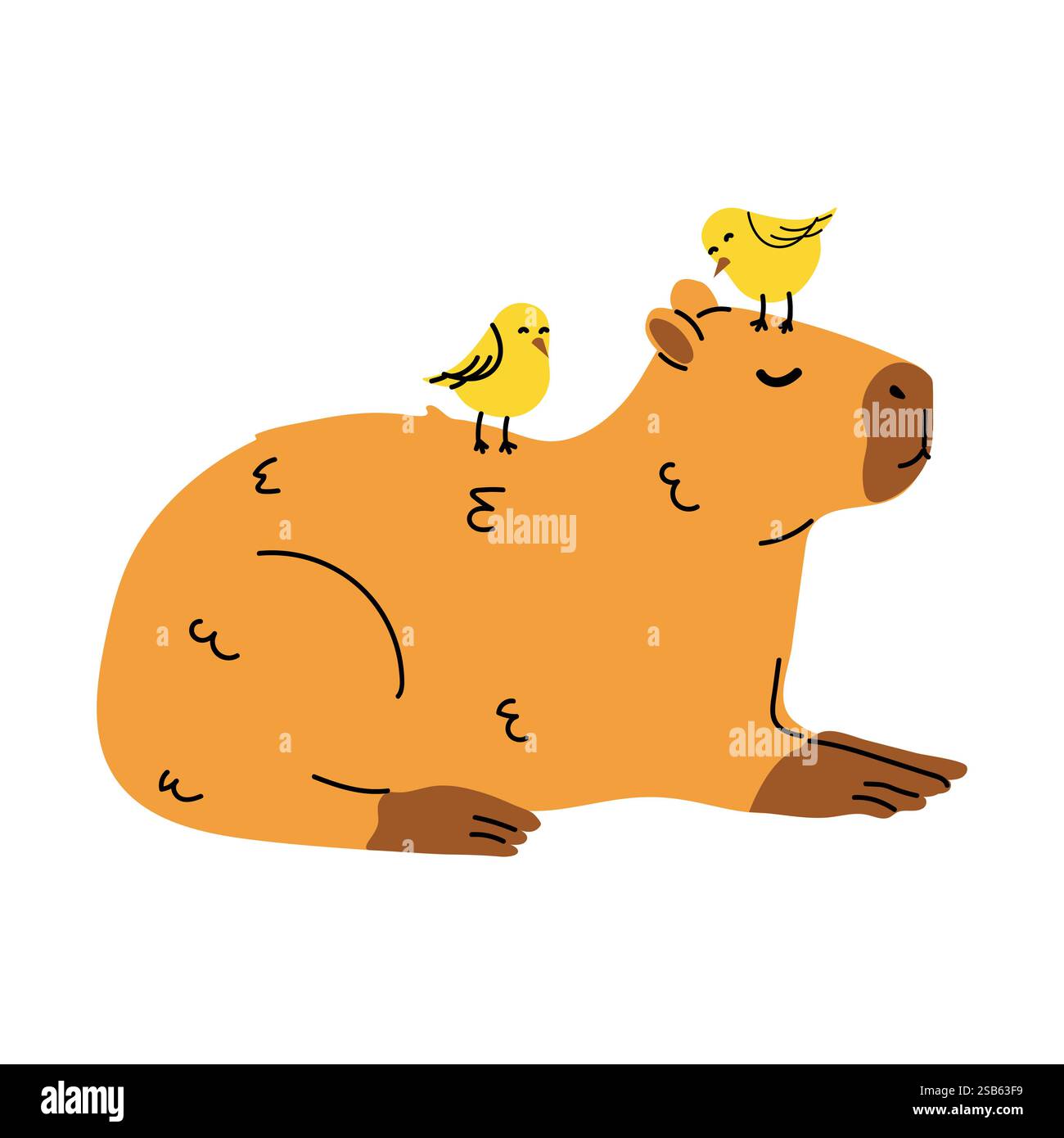 A cartoon illustration of a capybara lying down with two yellow birds ...