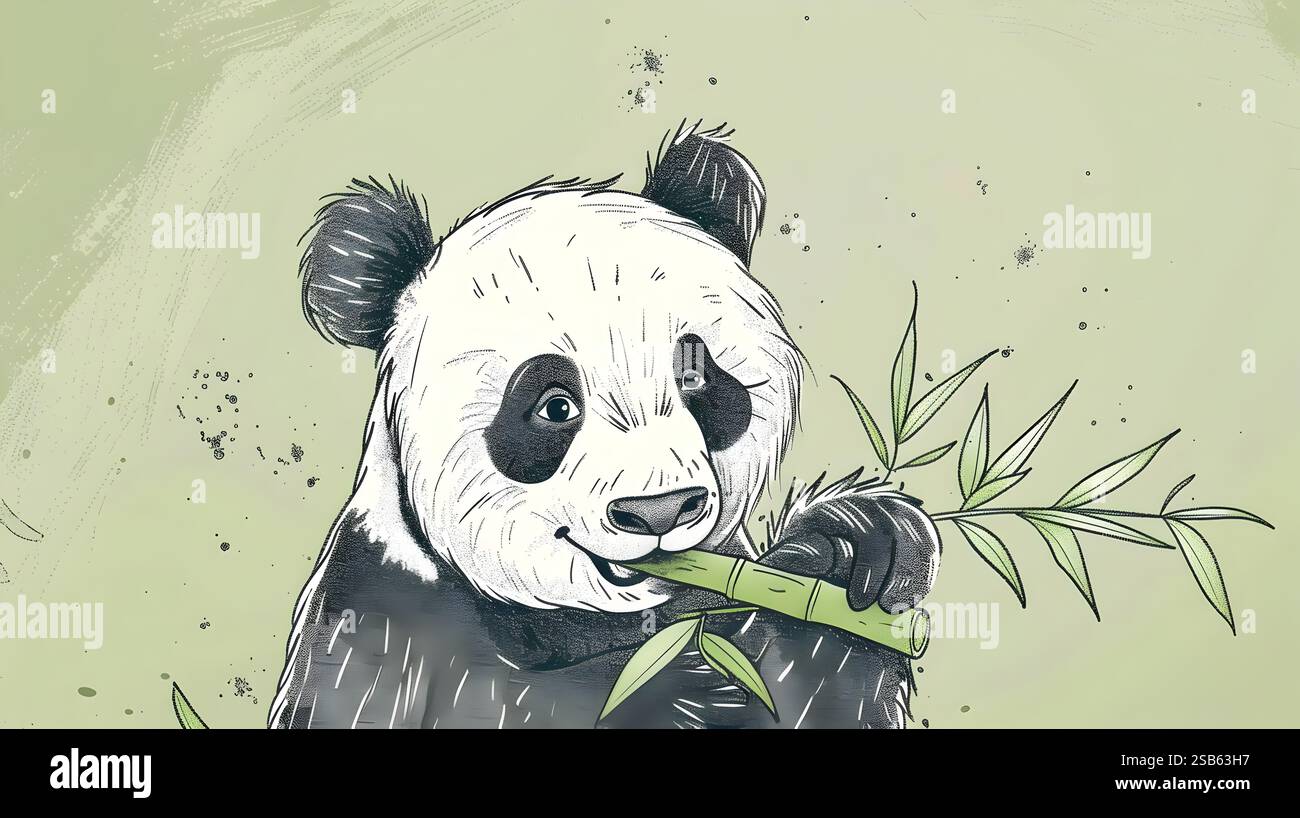 This whimsical,minimalist sketch depicts a panda bear munching on a ...