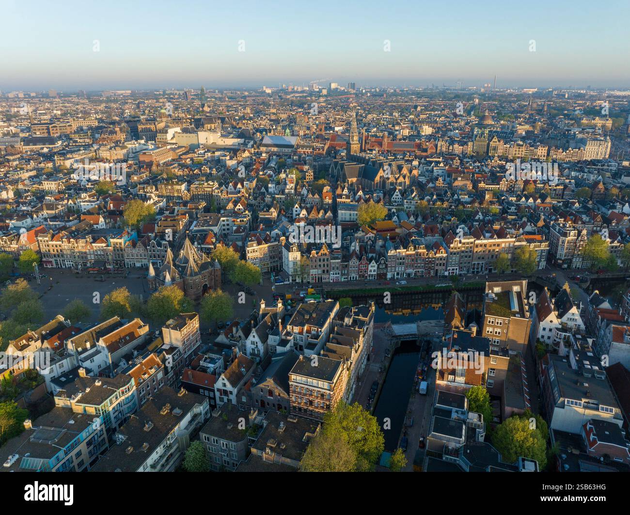 Amsterdam Historical Center Aerial morning View. Dam Street in ...