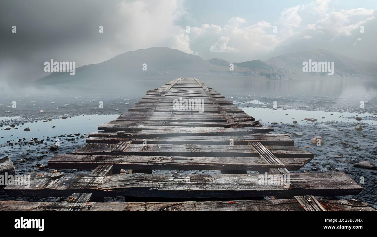 A long wooden dock or pier stretches out into a serene lake,surrounded ...