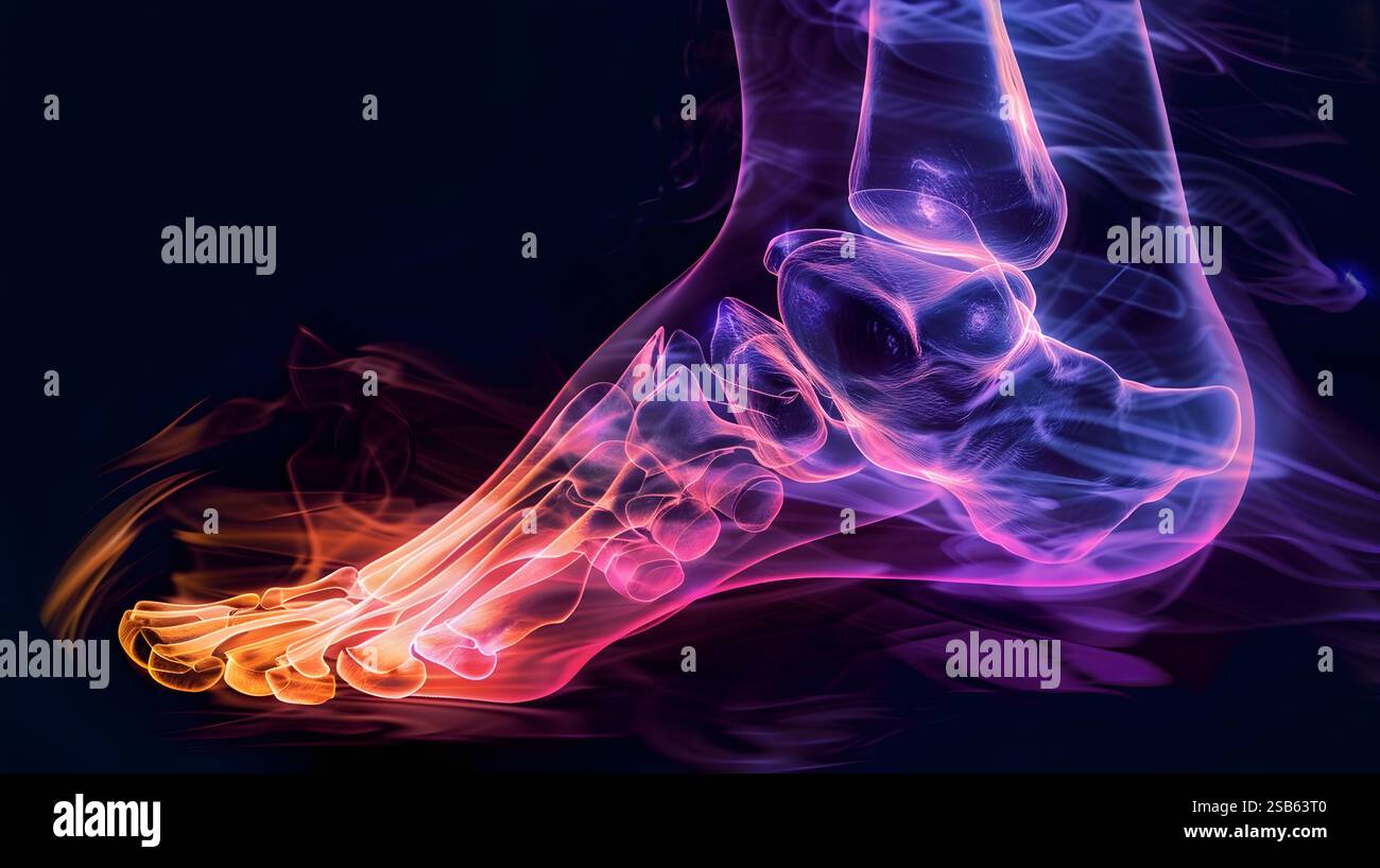 This digital artwork depicts a dynamic,X-ray-style image of a human foot,showcasing the ...