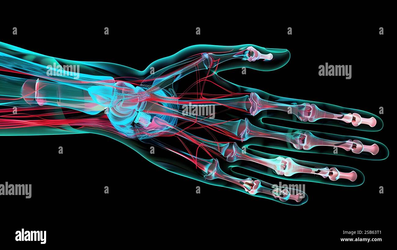 This digital conceptual image showcases a semi-transparent human hand ...