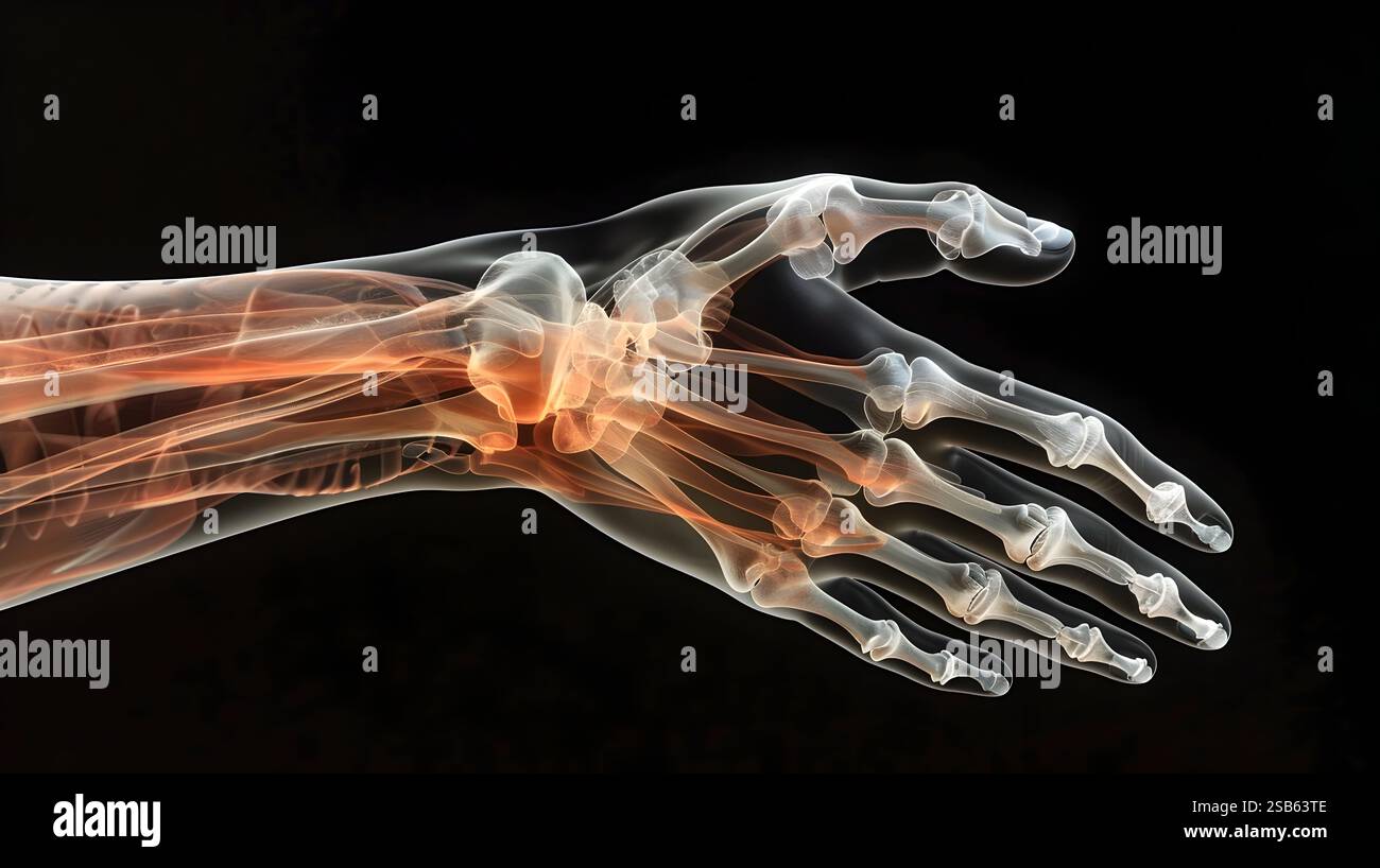 This conceptual image depicts a semi-transparent human hand with the ...