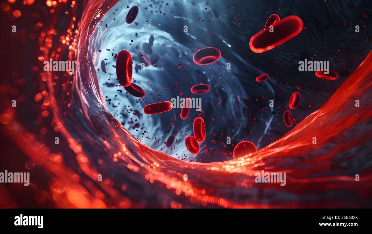This conceptual image depicts the dynamic flow and motion of red blood ...