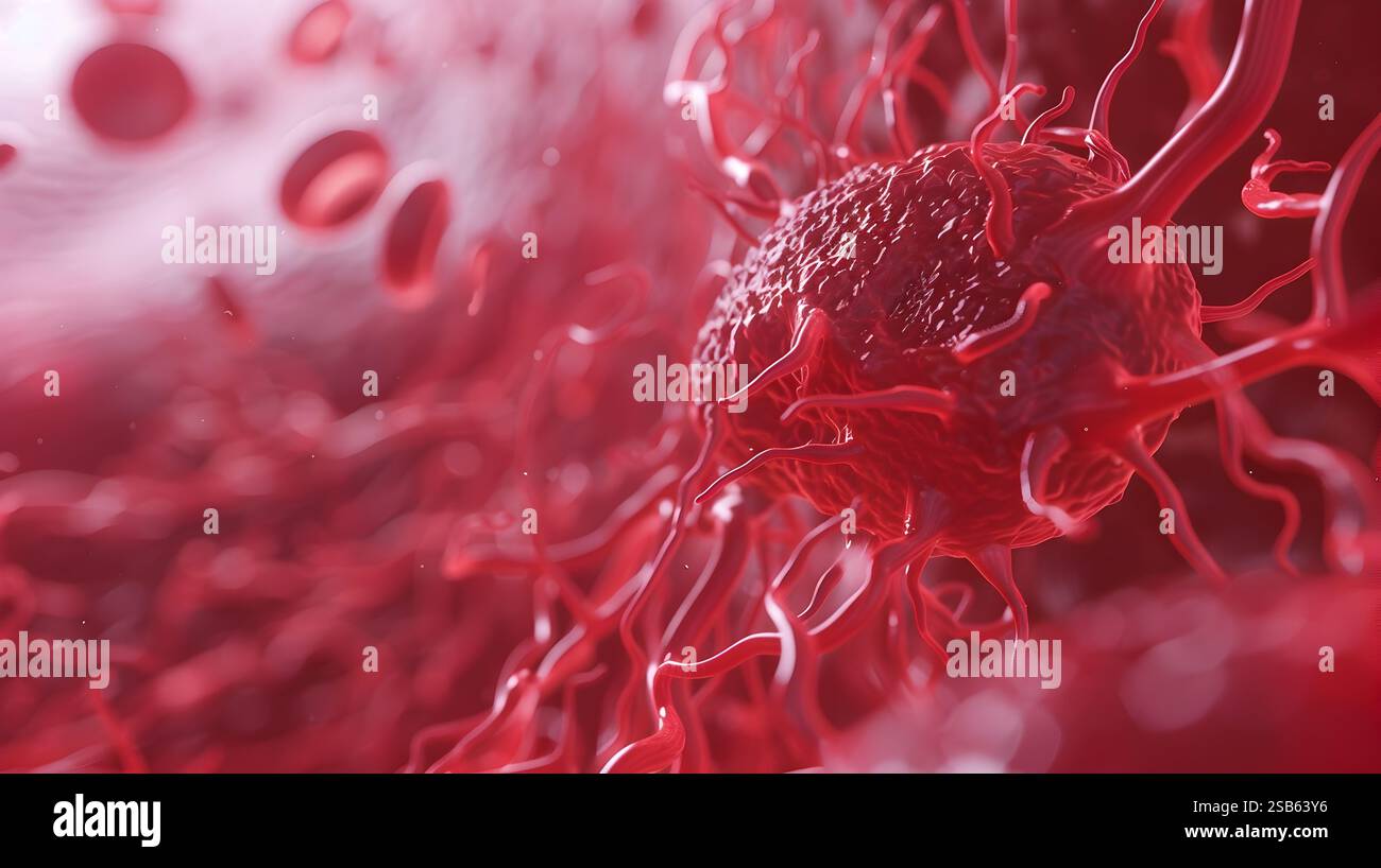 This image depicts a close-up,3D animation of red blood cells flowing ...
