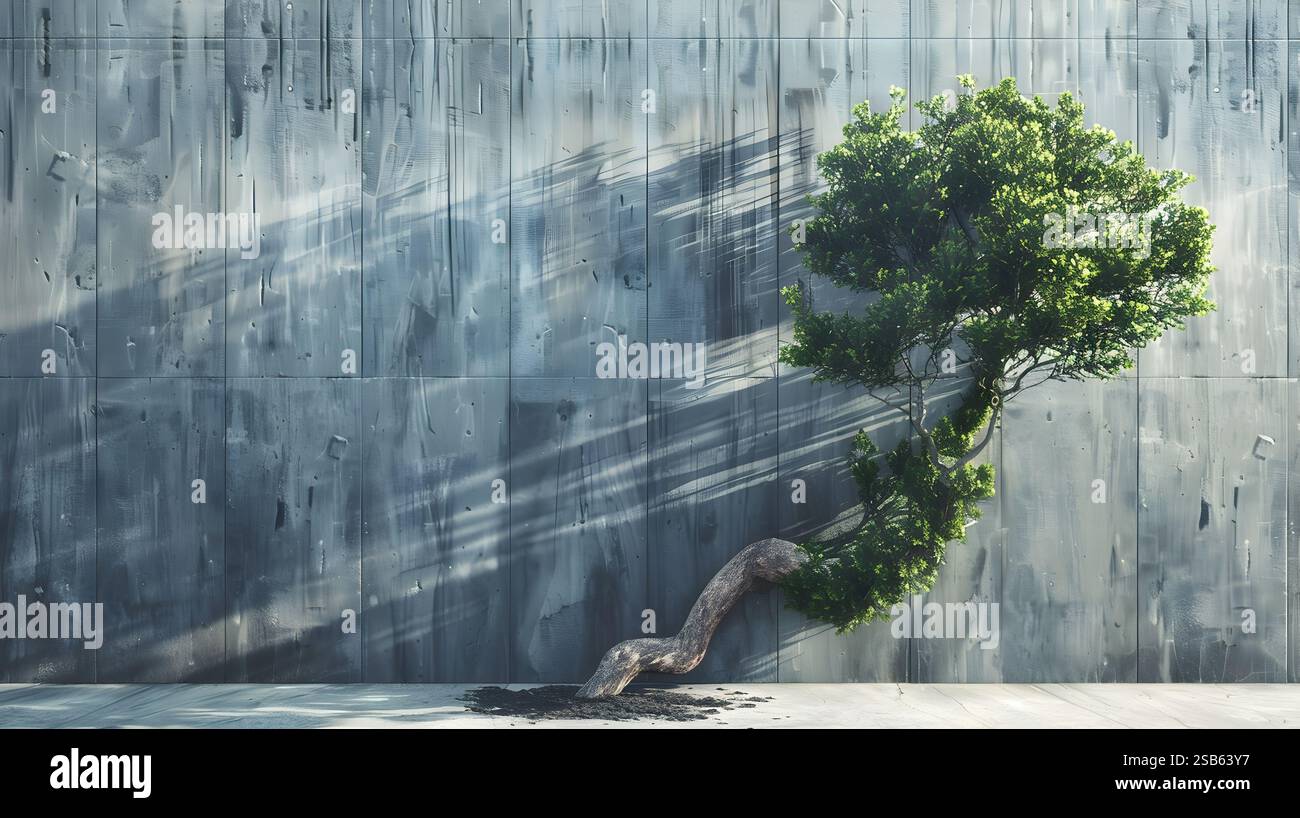 This surreal 3D scene depicts a lone tree growing rapidly and ...