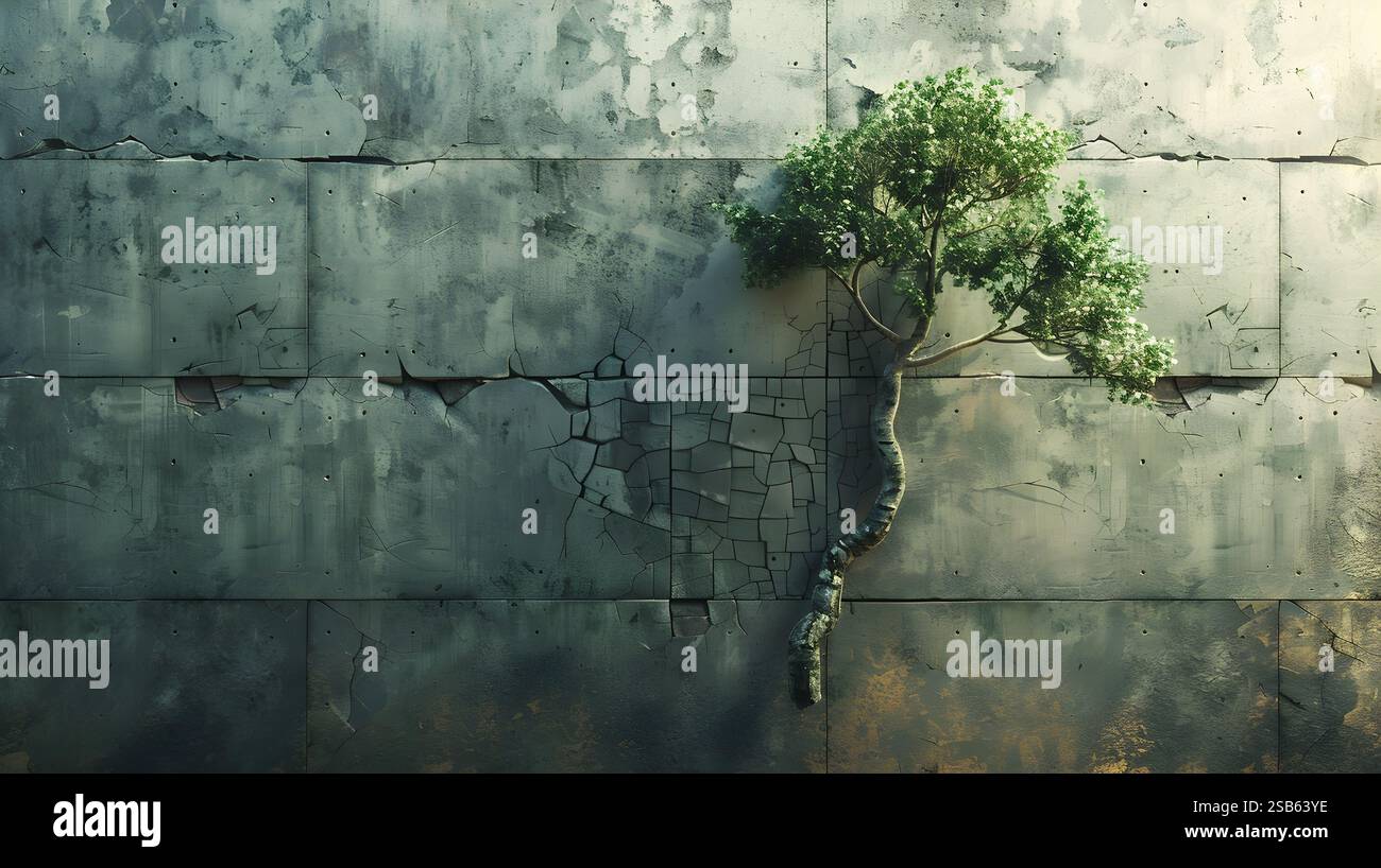 This surreal digital 3D depicts a tree rapidly growing and splitting a ...
