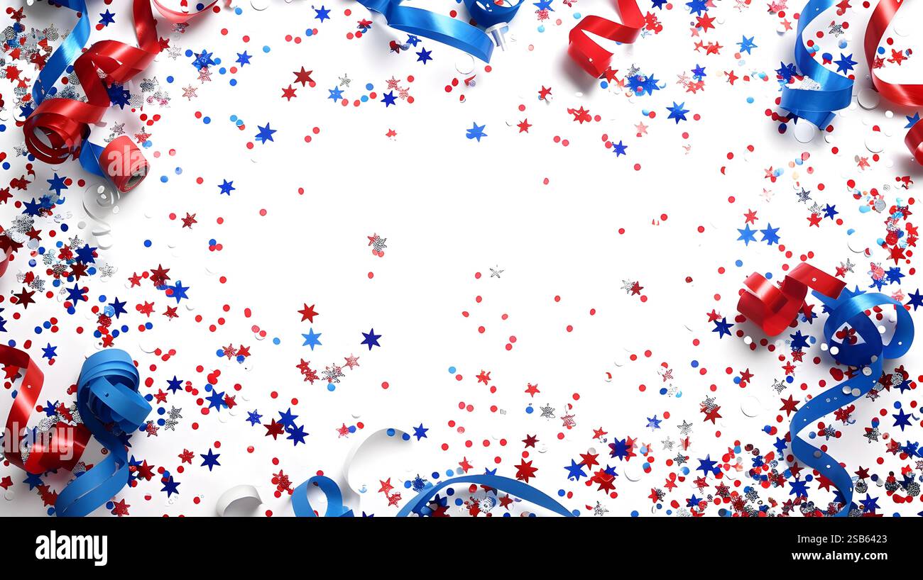 A bright and cheerful border of red,white,and blue confetti and streamers surrounds a clear ...