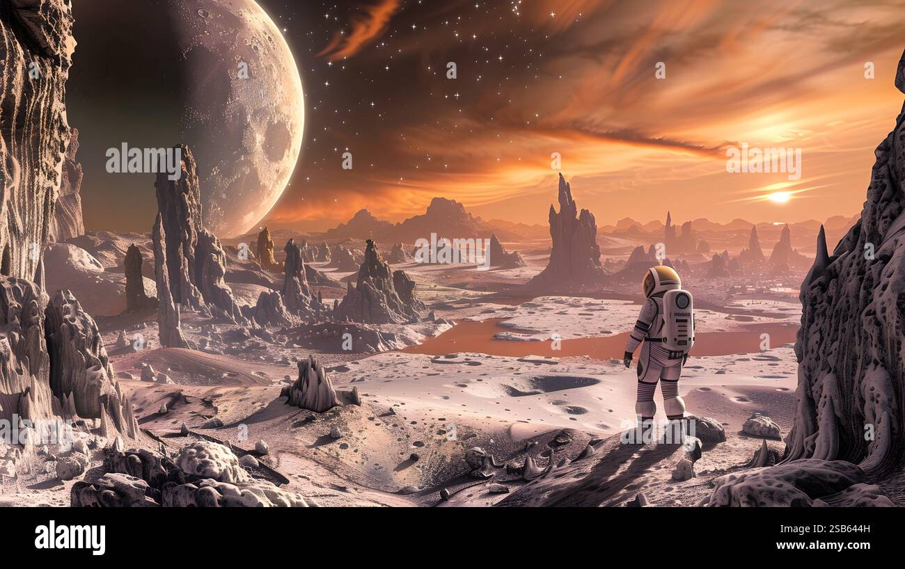 This image depicts a dramatic alien landscape where a pair of ...