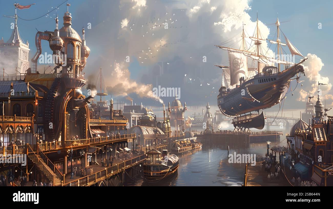 This fantastical image depicts a bustling steampunk cityscape,where an ...