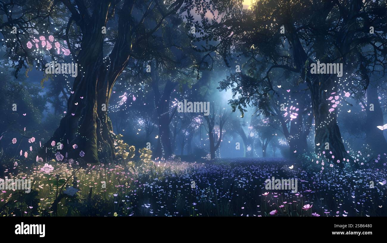 This image depicts a mystical,enchanted forest realm bathed in an ...