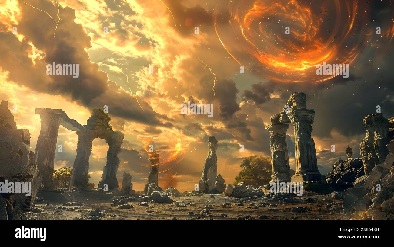 This dramatic,fantastical scene depicts a mythical battlefield where ...