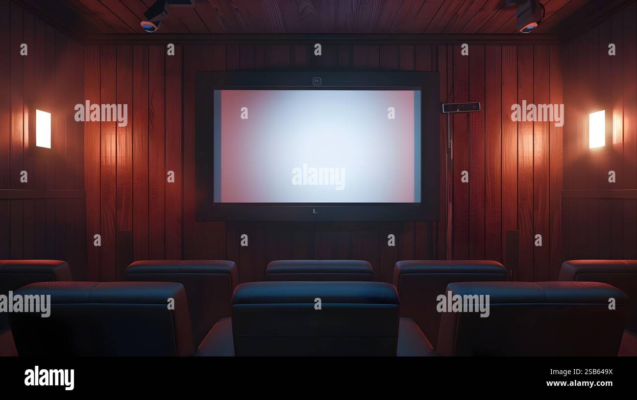 This image depicts a dedicated home theater setup,featuring a large ...