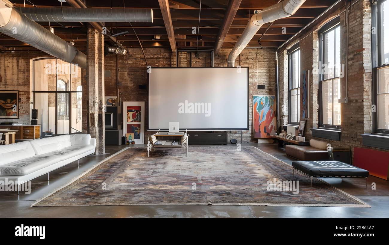 This image showcases a visually stunning loft space with high ceilings ...