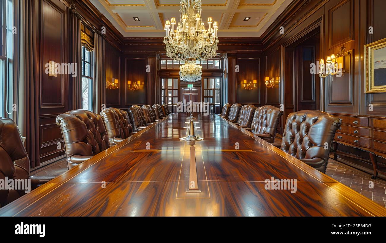 A grand and traditional executive boardroom with a long,elegant wooden ...