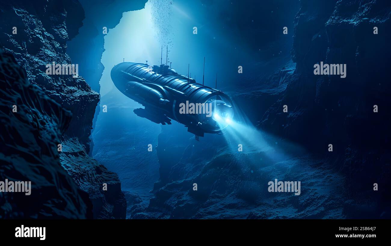 This image depicts a submersible vessel exploring the mysterious depths ...