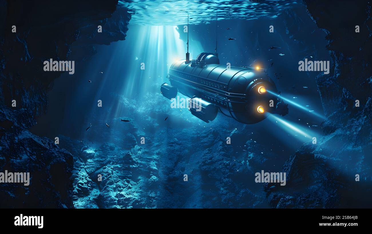 The image depicts a submersible vessel exploring the deep ocean,its ...