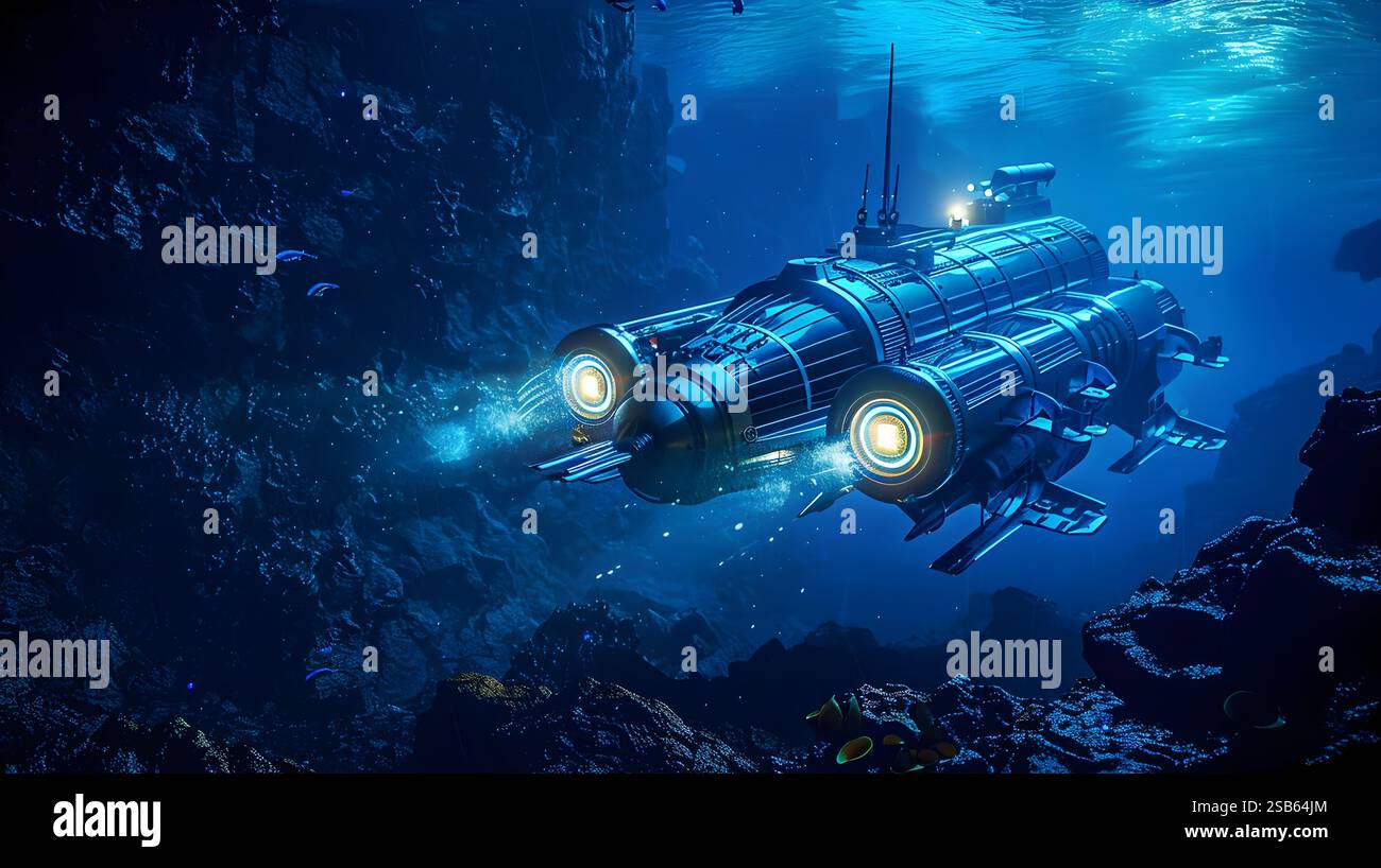 This image depicts a high-tech submersible diving deep into the ocean ...