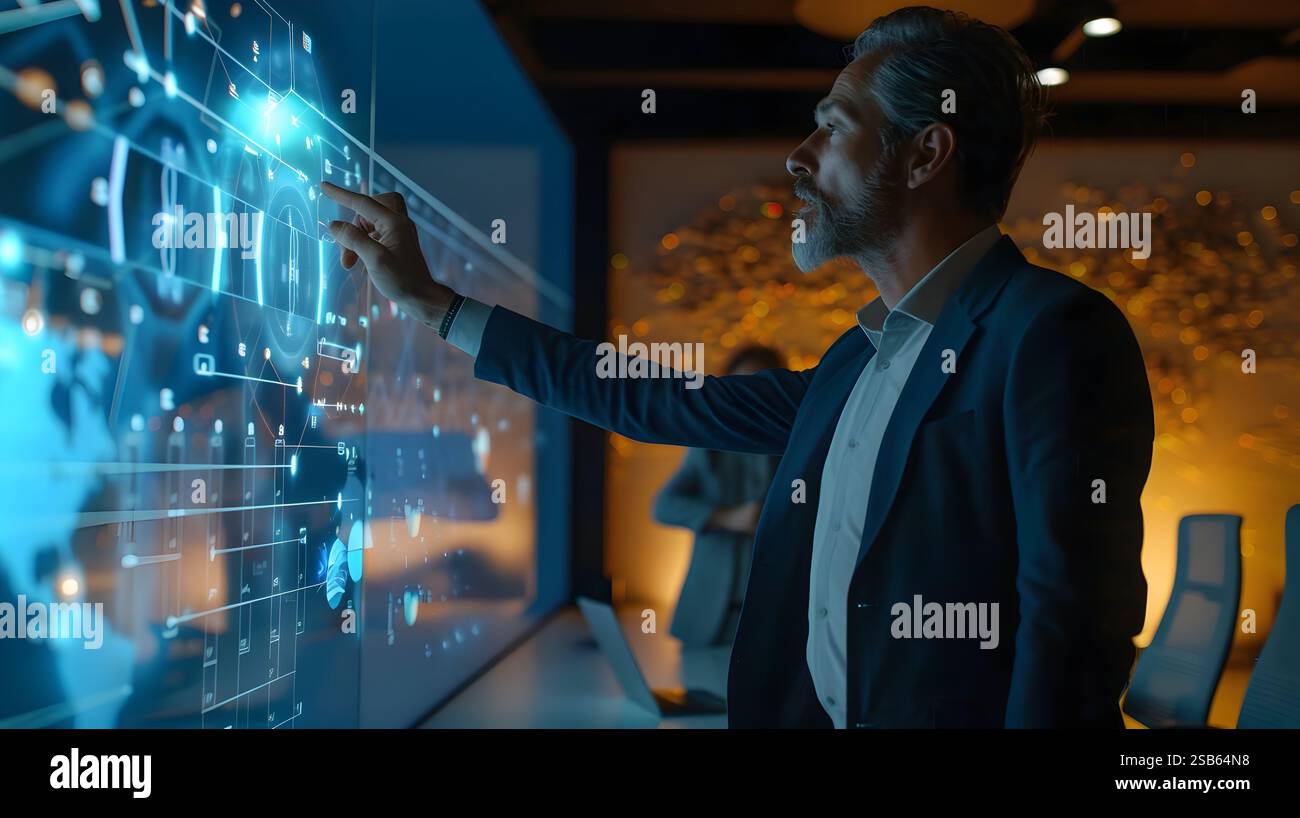 This dynamic image captures a visionary business leader in action ...