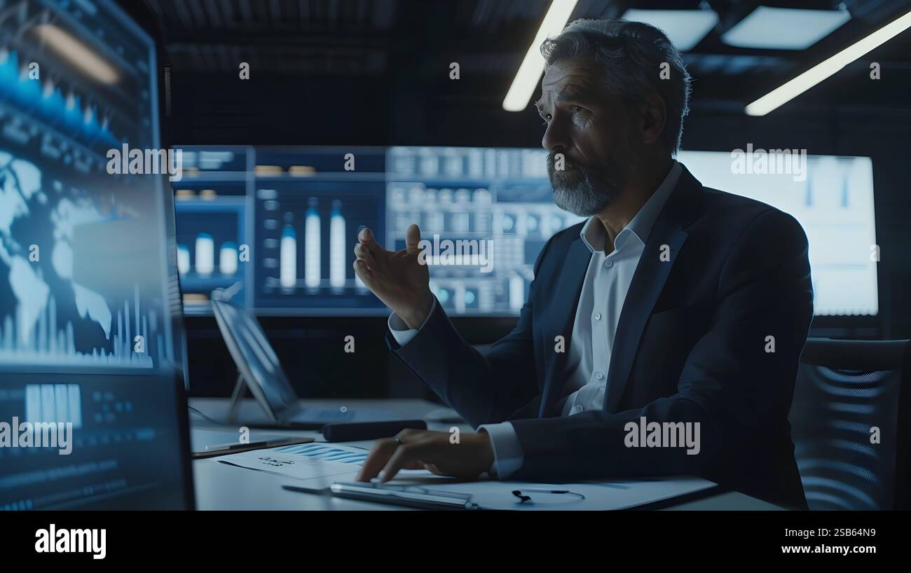 This dynamic image captures a visionary business leader in action ...