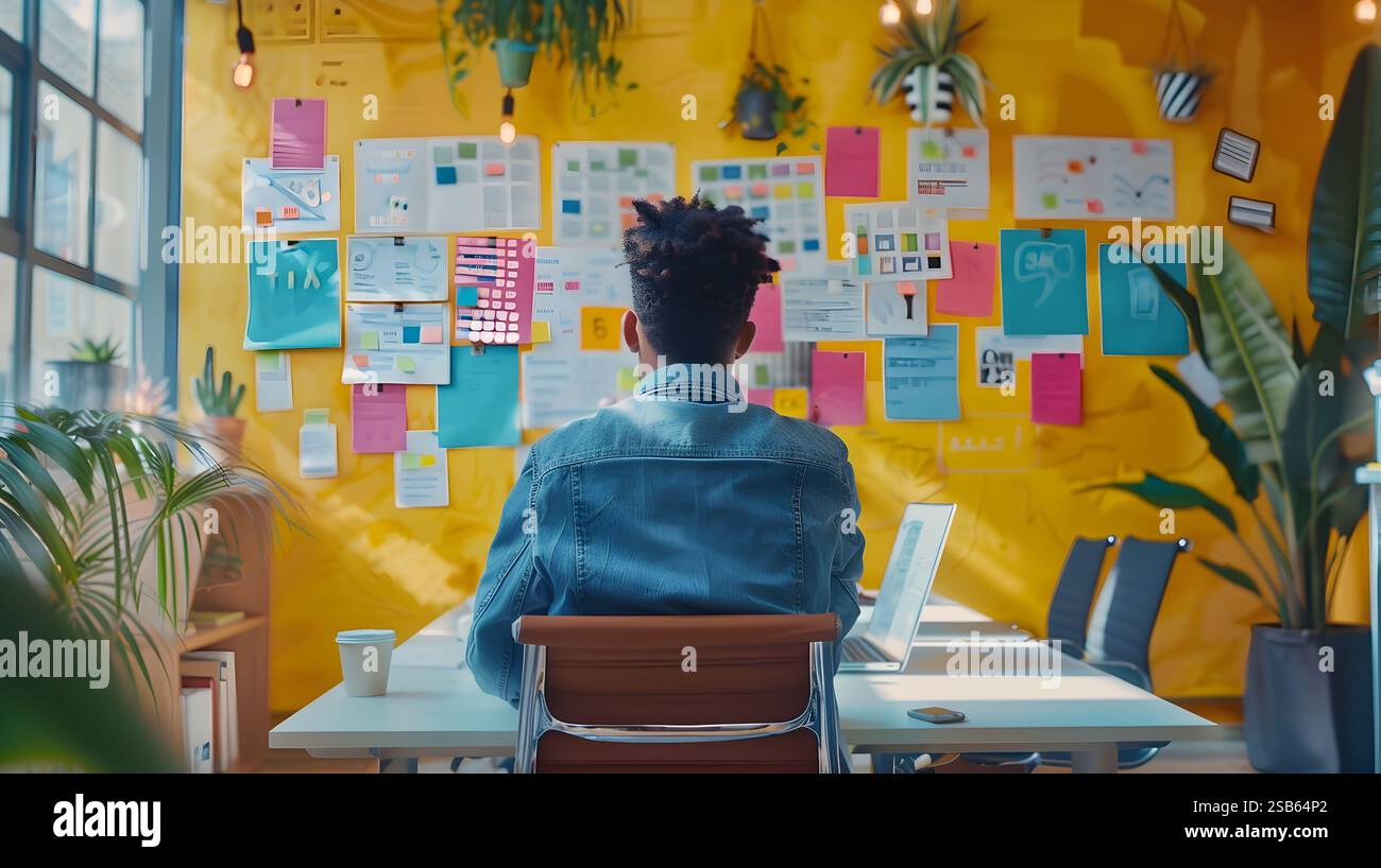 The image depicts a dynamic and energetic startup workspace A young ...