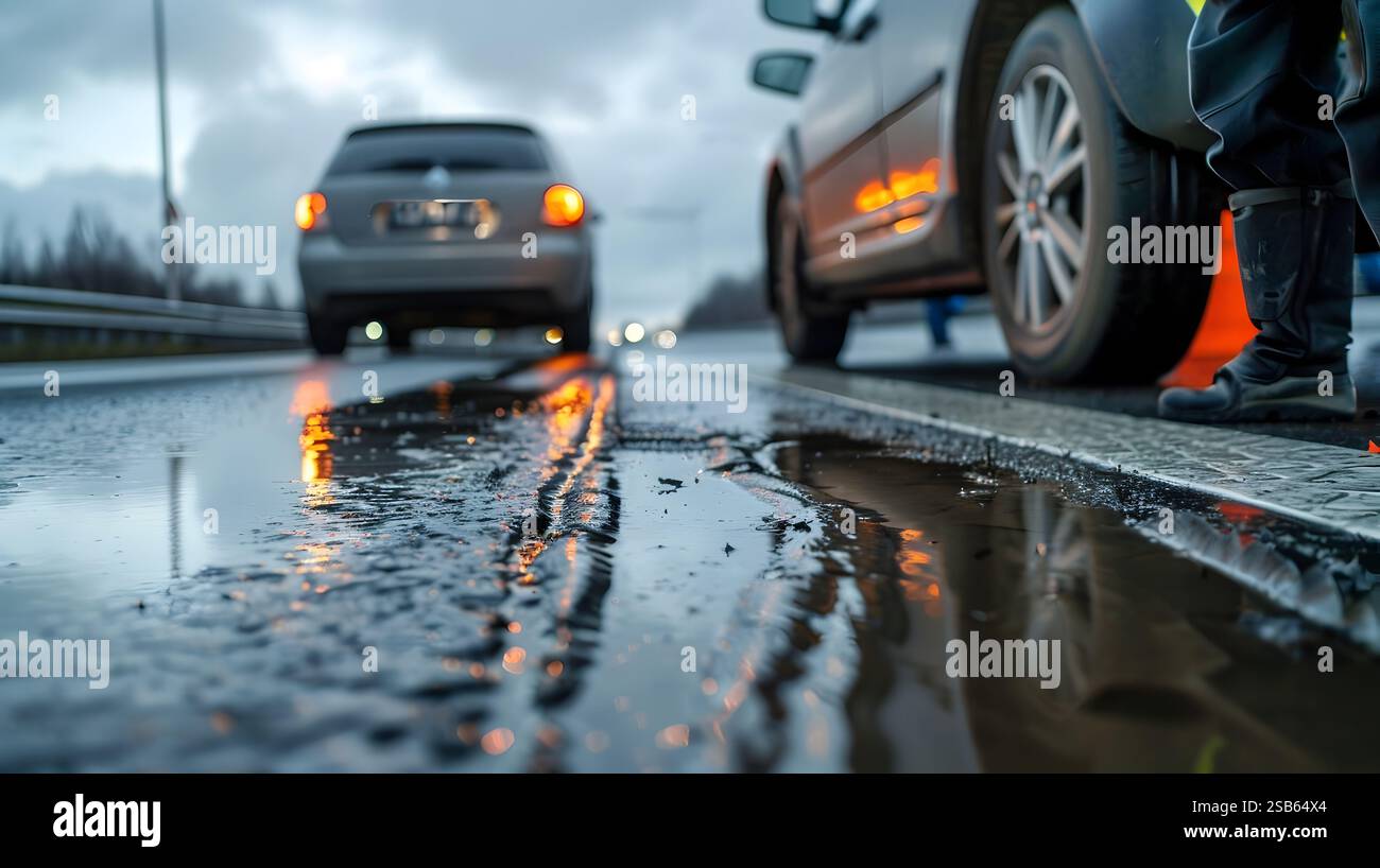 The image depicts a dramatic roadside breakdown scenario A car has ...