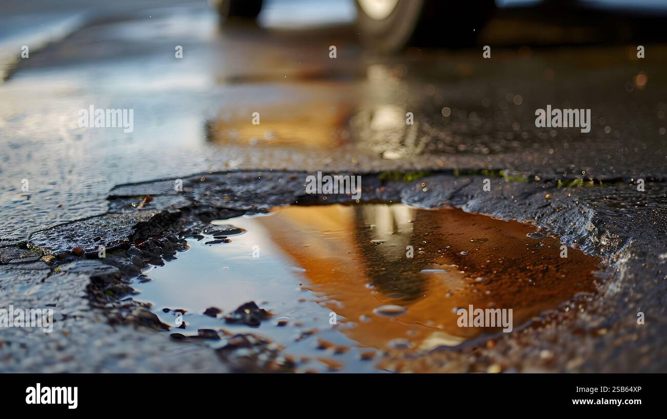 This image depicts an oil stain on pristine pavement under a parked car ...
