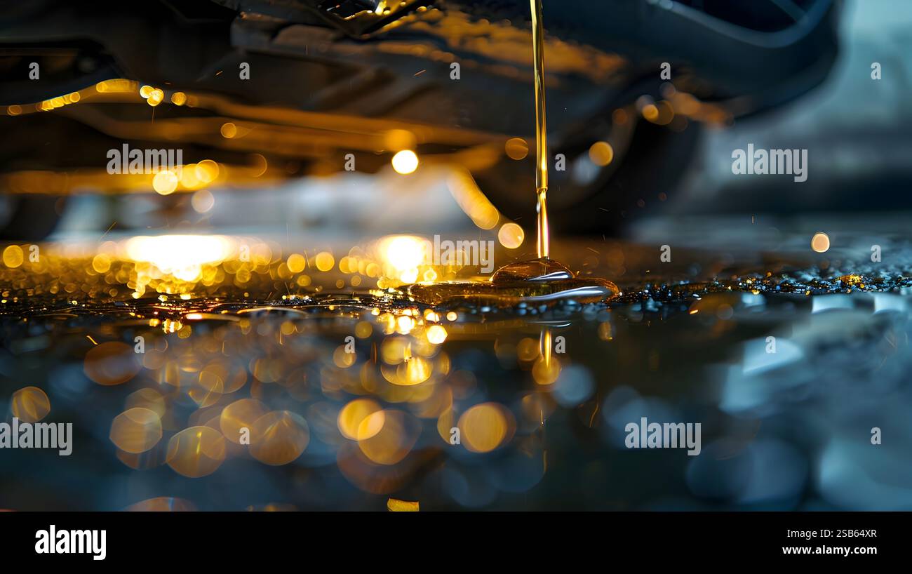 This image captures the dramatic scene of a severe oil leak from a car ...