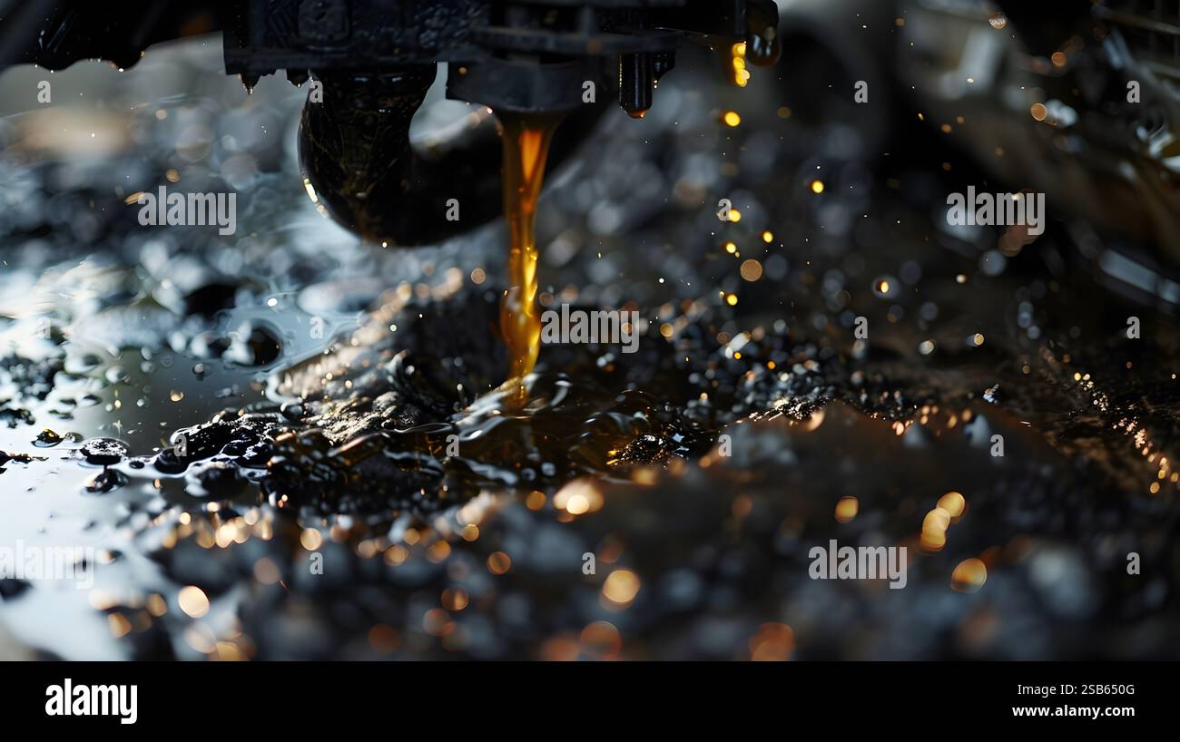 A close-up view showcasing a severe oil leak from a car's engine The ...
