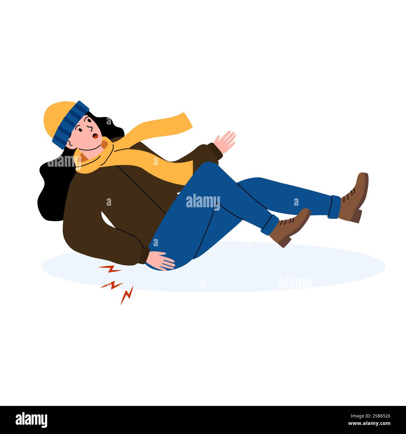 A woman wearing a winter outfit slips while walking on a slippery ...