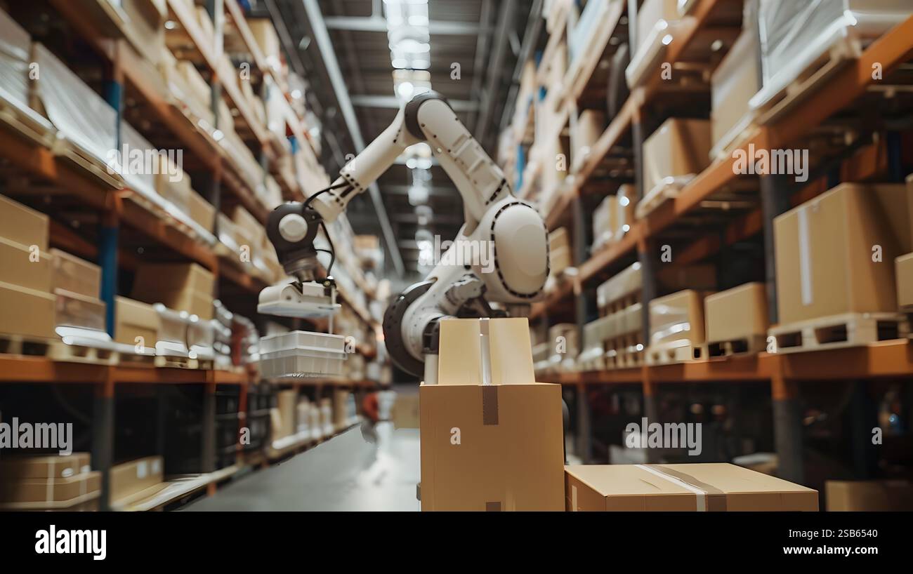 This image depicts a highly efficient automated warehouse system ...