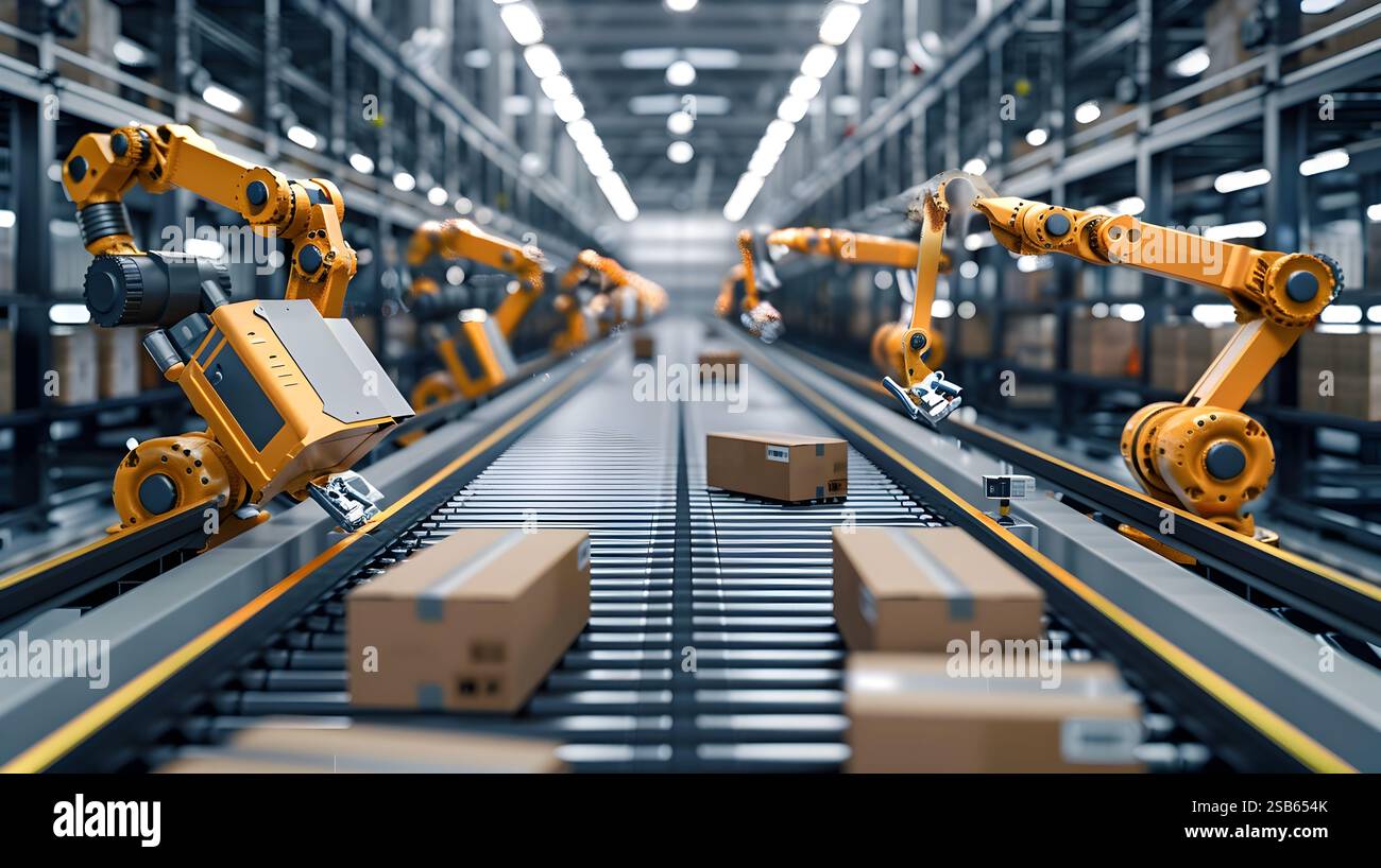 This image captures a dynamic scene of a high-speed robotic packing ...