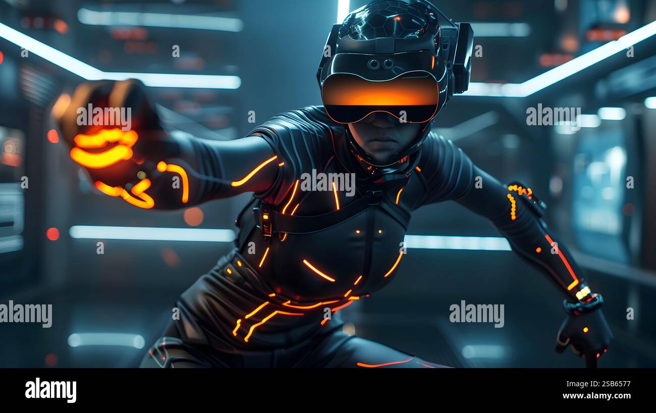 The image depicts a dynamic and futuristic virtual reality gaming suit ...