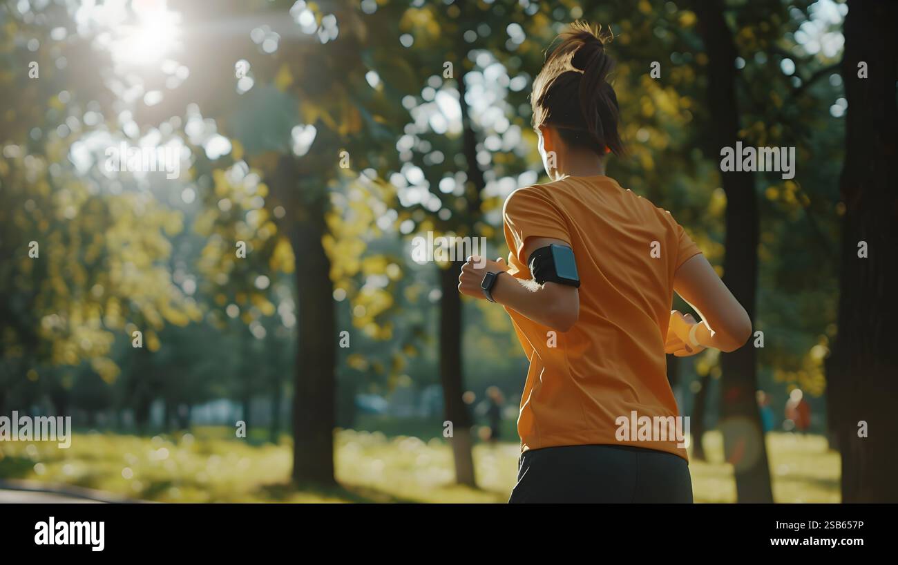 A person is jogging in a lush,tree-lined park while wearing a high-tech ...