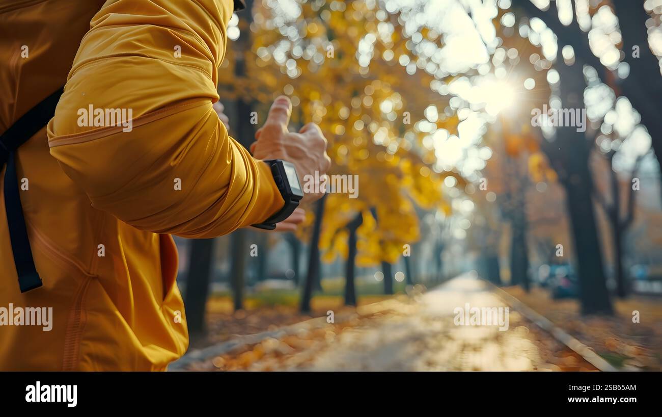 A person jogging in an autumn park setting,wearing a high-tech wearable ...