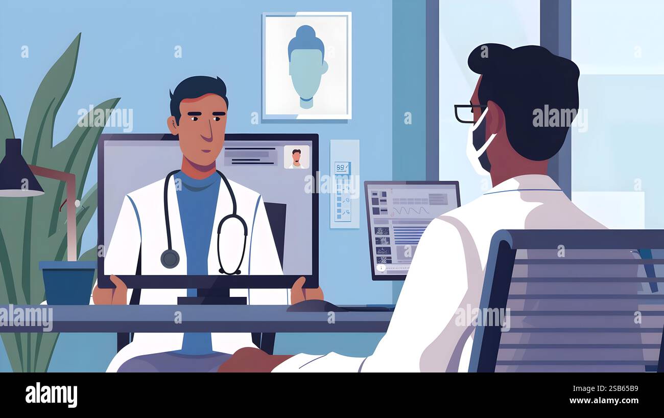 This image depicts a scene of a remote medical consultation,where a ...