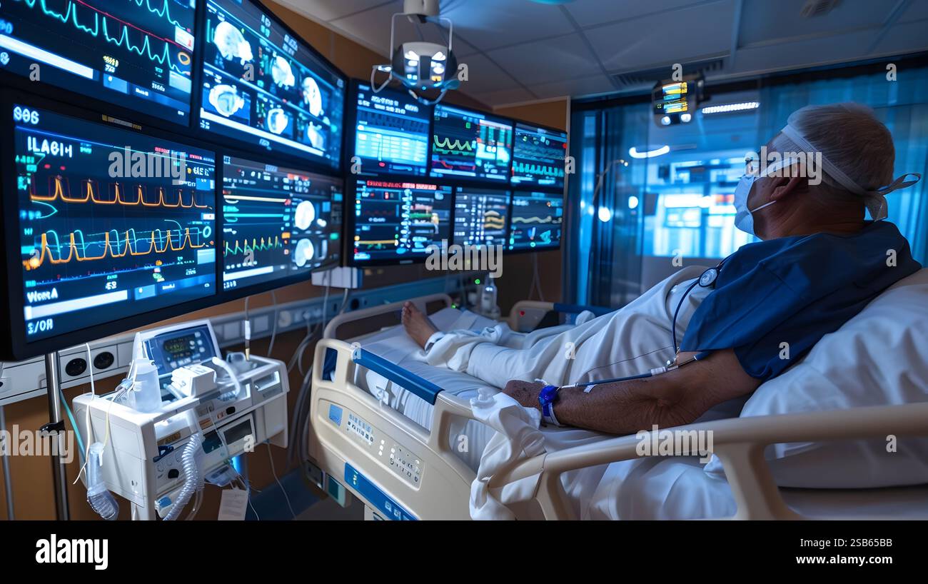 This image depicts a hospital patient bed surrounded by sophisticated ...