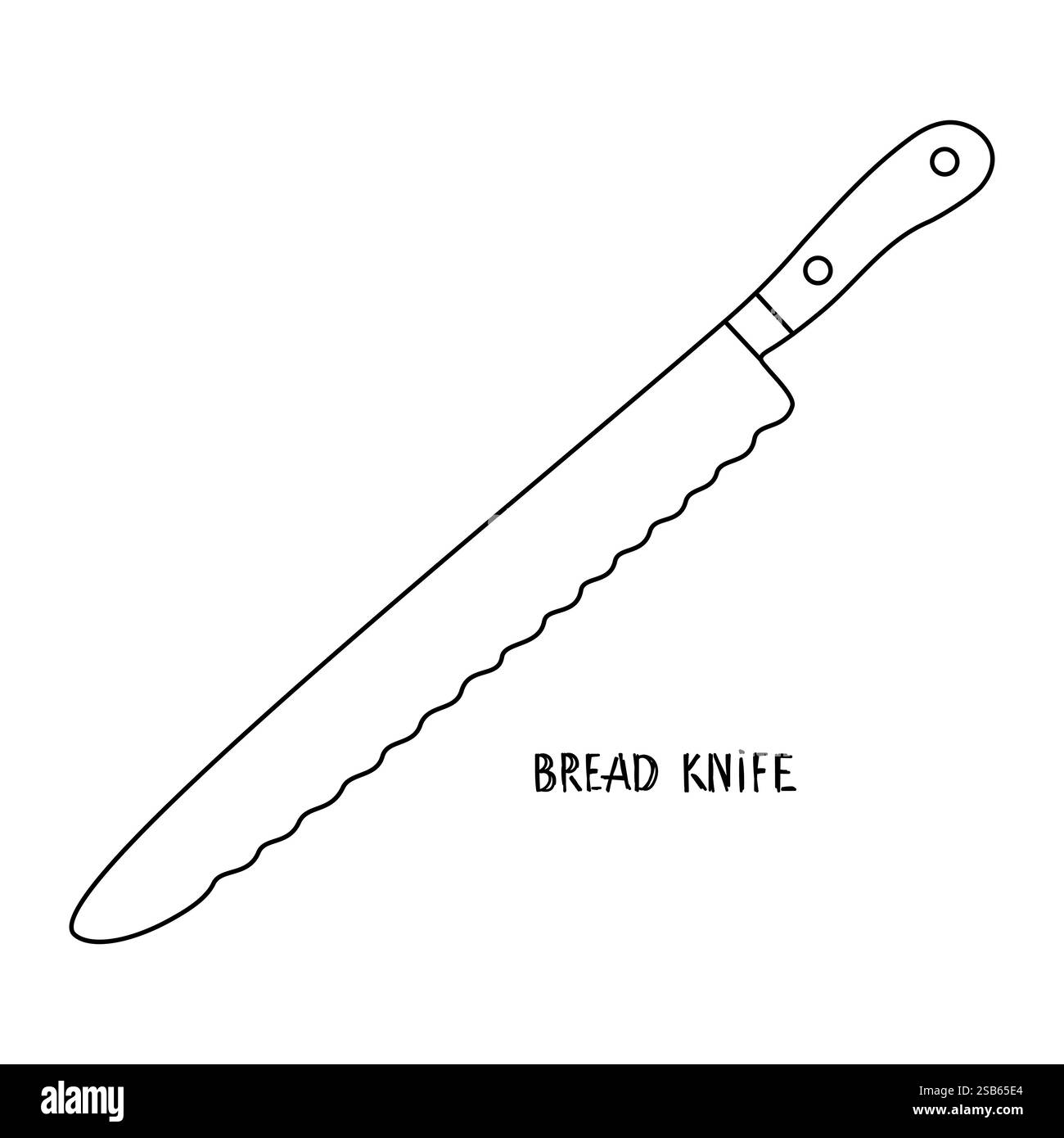The drawing depicts a bread knife with a serrated blade, typically used ...