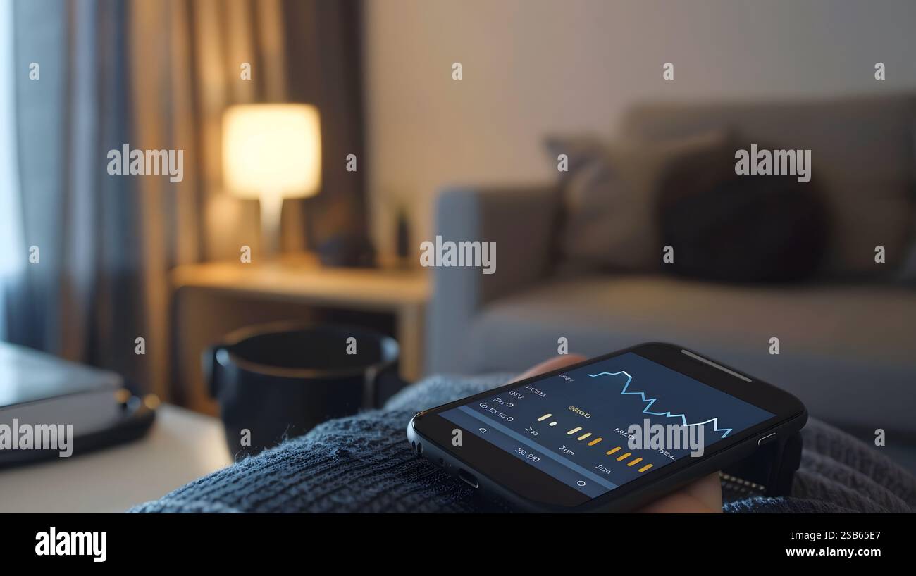 This image depicts a relaxing bedroom scene where a wearable device is ...