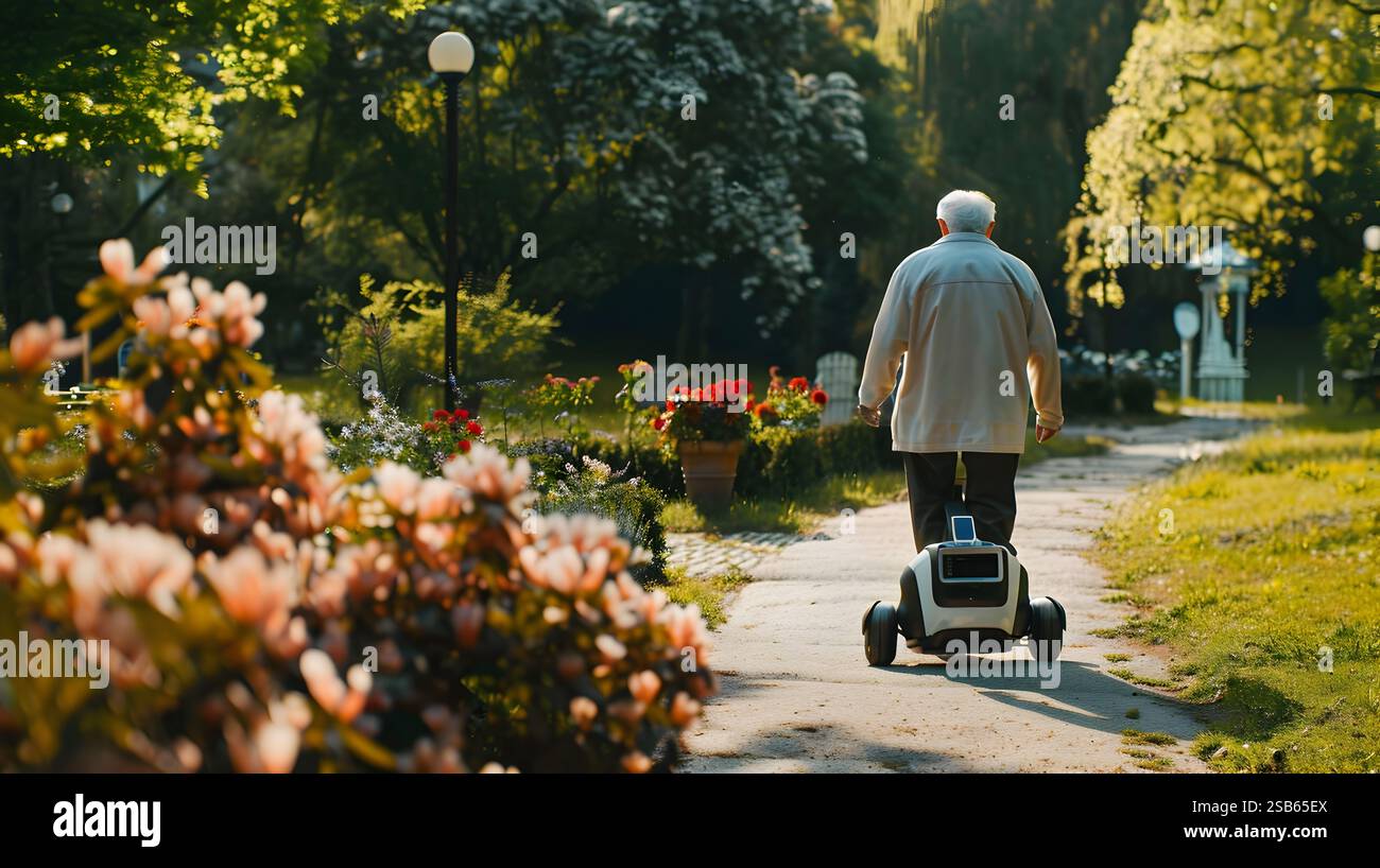 This image depicts an elderly person using a mobility assistance robot ...