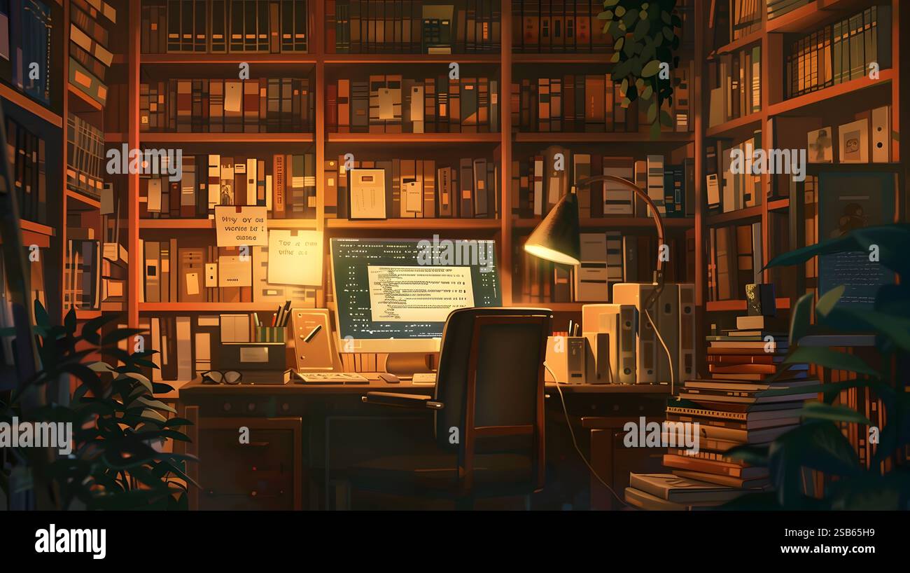 This image depicts a cozy,book-lined study room serving as a digital ...