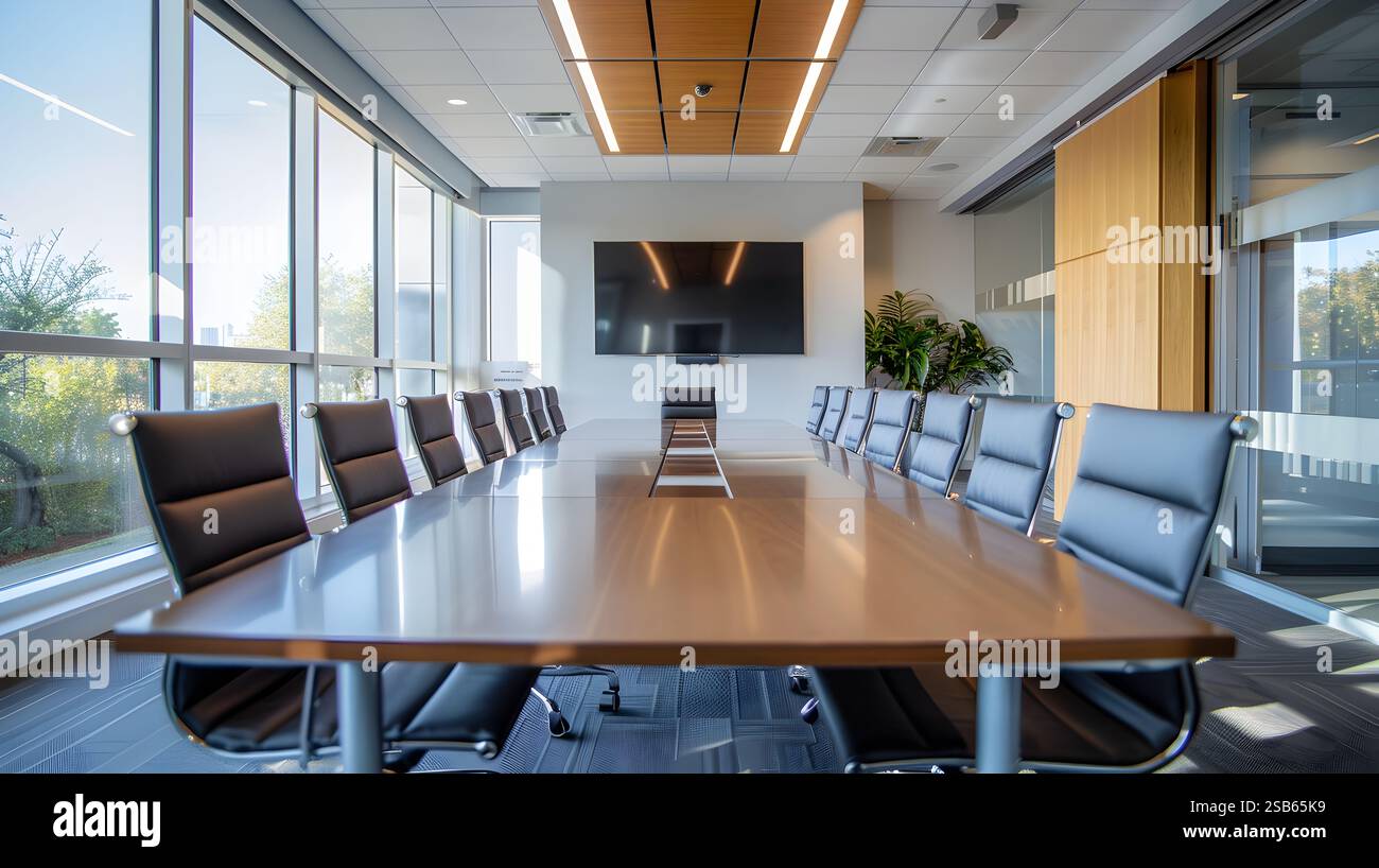 This image depicts a modern,professional-looking conference room or ...