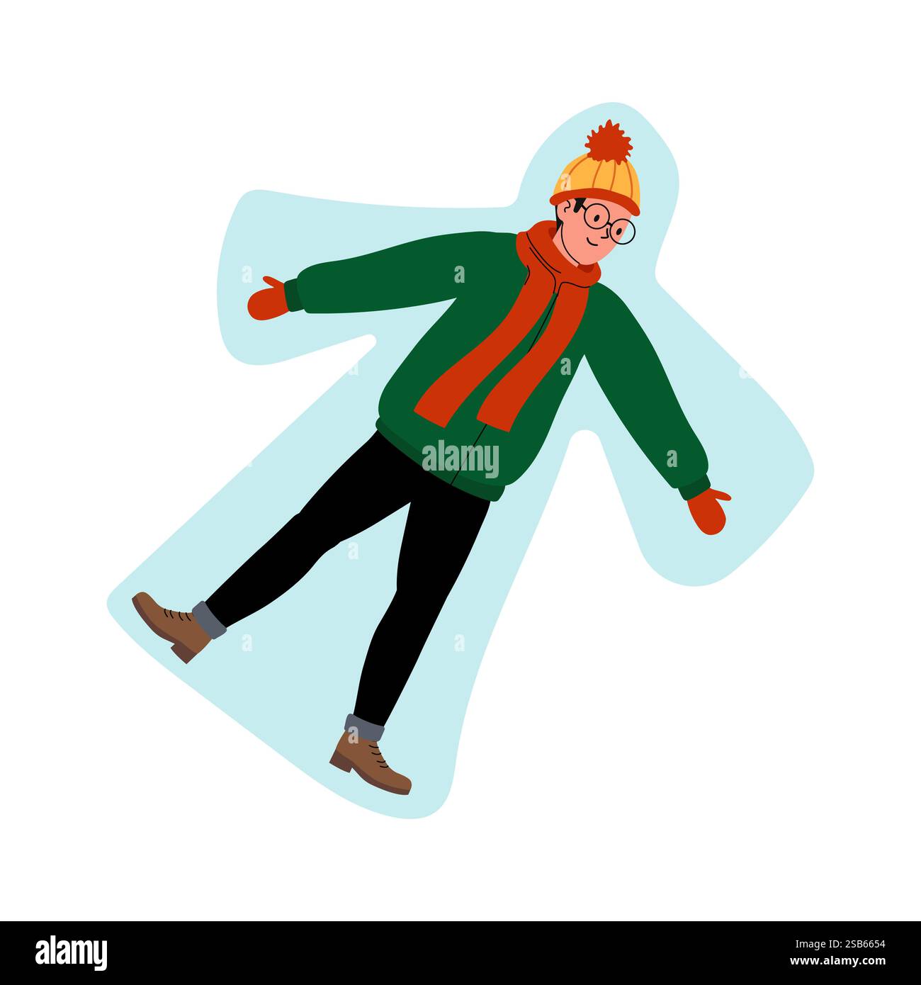 A child dressed in warm winter clothing joyfully creates a snow angel ...