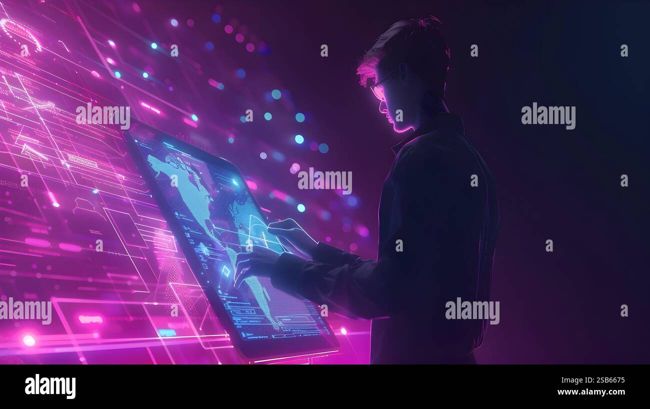 This innovative 3D depicts a businessman interacting with a holographic ...