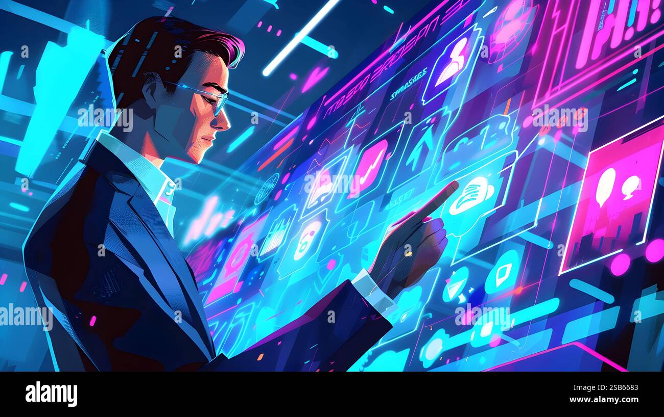 This image depicts a futuristic scene of a businessman interacting with ...