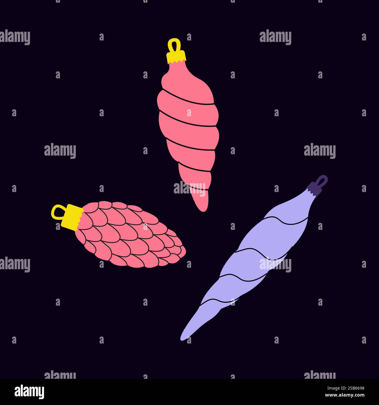 Three stylized ornaments in pink and purple hues are hanging against a ...
