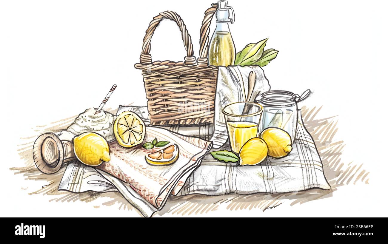 This charming sketch-style depicts a classic summer picnic scene ...